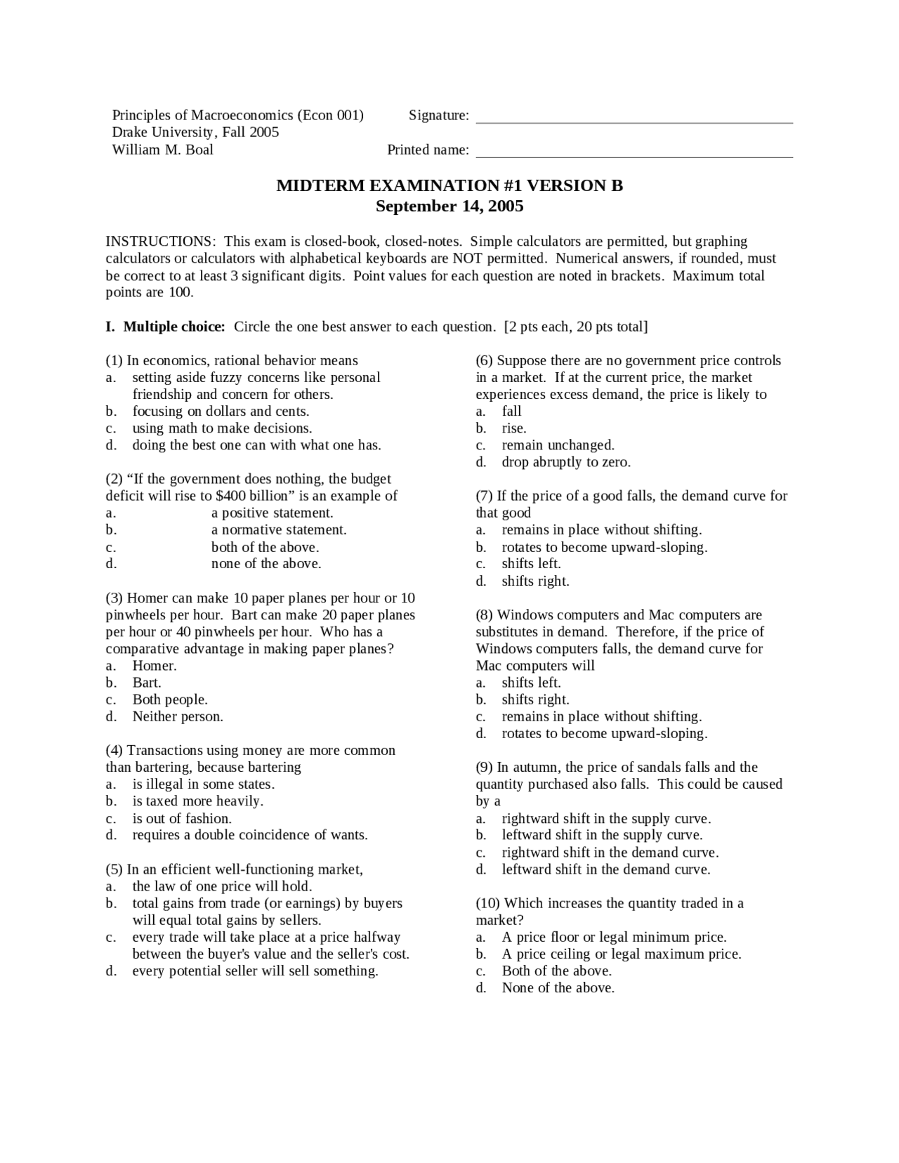 Midterm Examination 1 Fall 2005 Principles Of Macroeconomics Econ