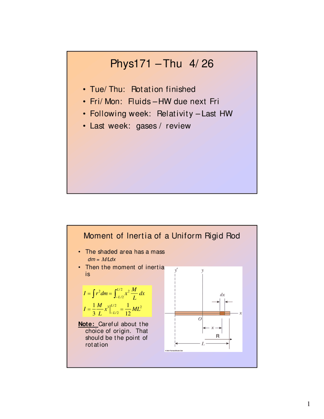 Lecture Slides On Moment Of Inertia Phys 171 Docsity