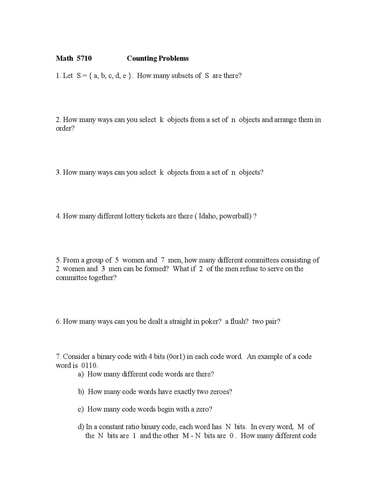7 Problems on Introduction to Probability | MATH 5710 - Docsity