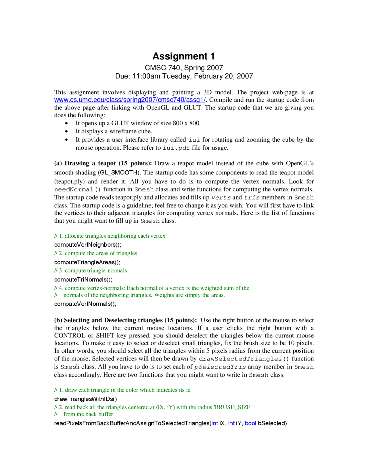 Drawing a Teapot, selecting and Deselecting Triangle - Assignment 1 | CMSC 740 - Docsity