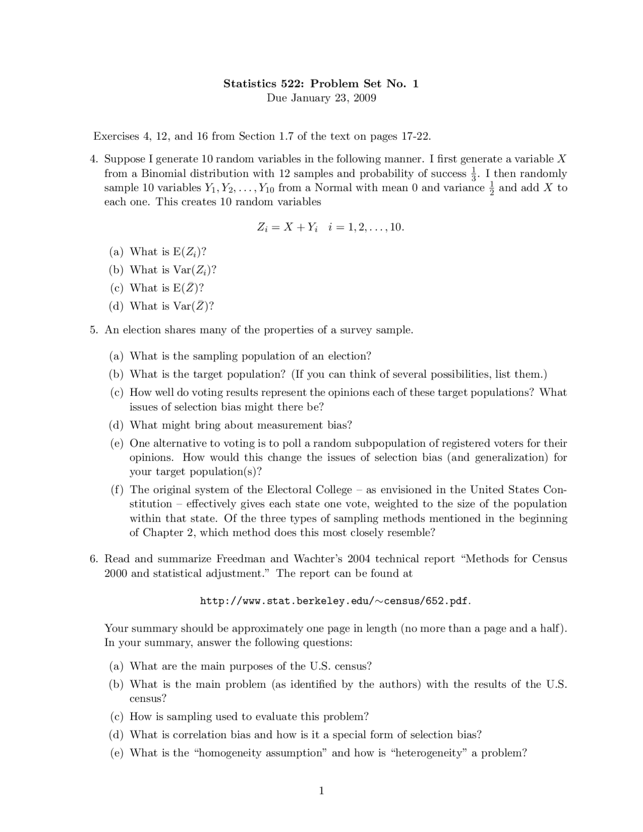 Problem Set 1 Sampling And Survey Techniques Fall 2009 Stat 52200