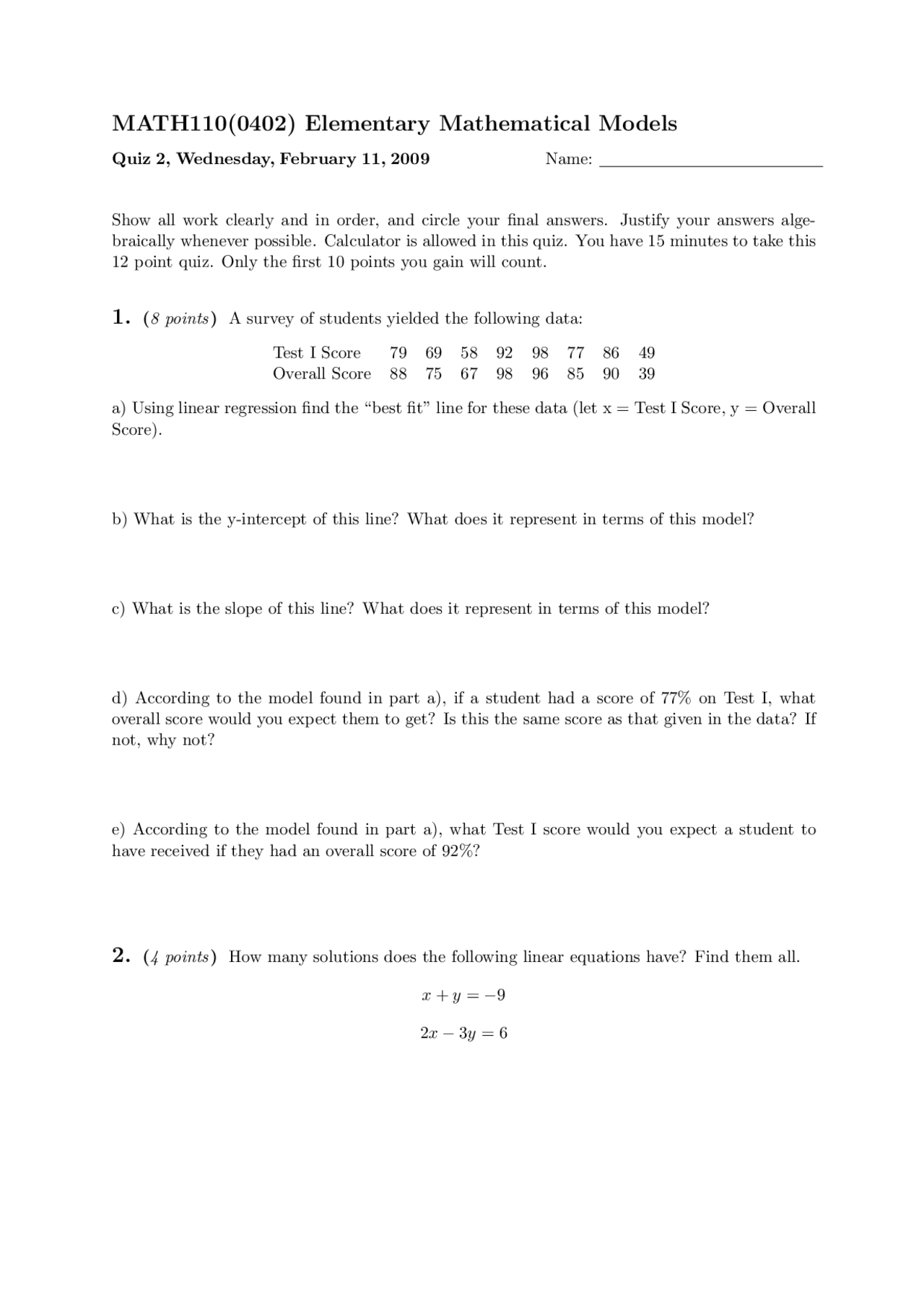 2 Questions On Elementary Mathematical Models Quiz 2 Math 110