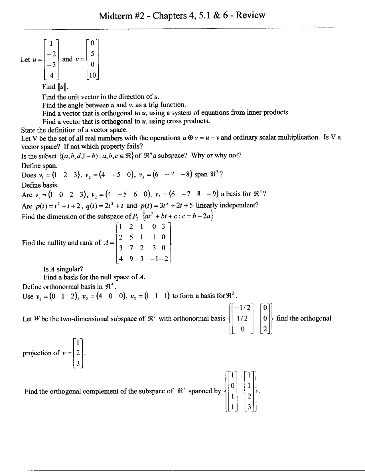 Midterm Exam 2 Review Linear Algebra Mat 022a Docsity