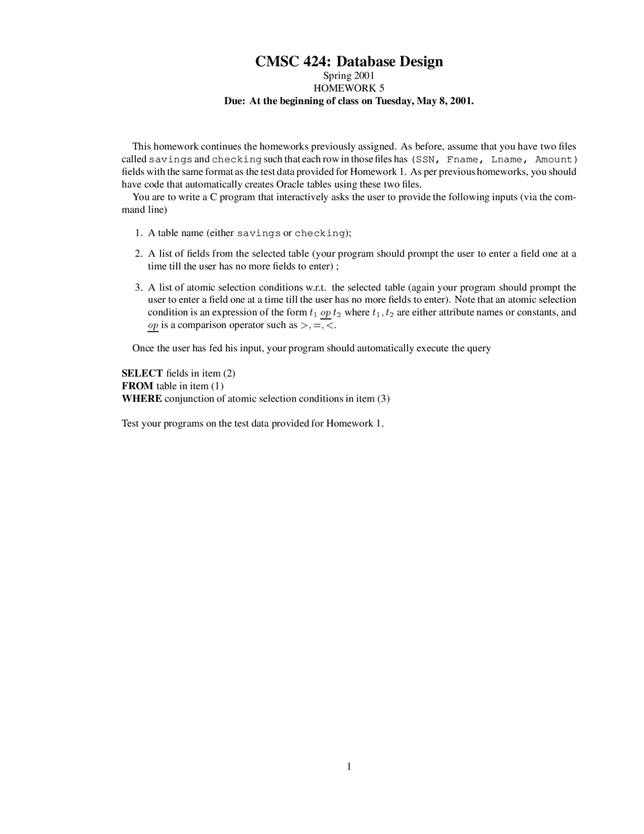 Database Design Homework 5 Problems Cmsc 424 Docsity