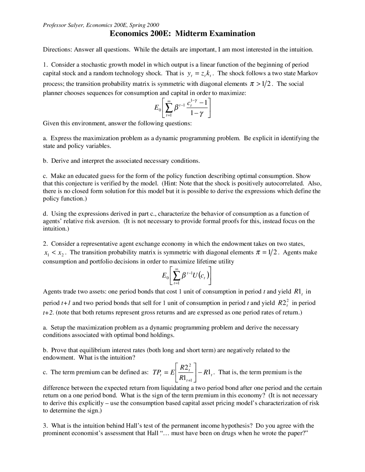 3 Problems On Macro Theory Midterm Examination Ecn 200e Docsity
