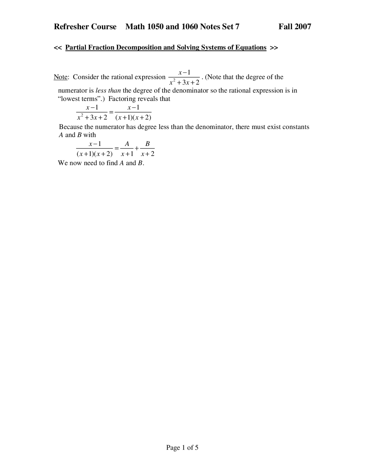 Partial Fraction Decomposition And Solving Systems Of Equations Math