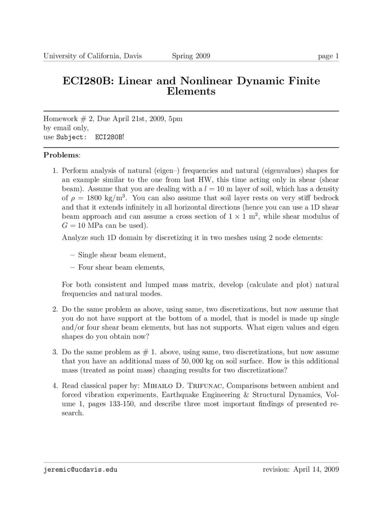 Homework 2 For Linear And Nonlinear Dynamic Finite Elements Eci 280b