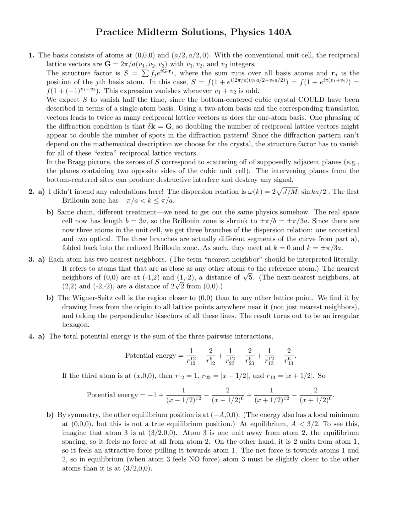 Practice Midterm Exam for Solid State Physics | PHY 140A | Exams Solid State Physics | Docsity