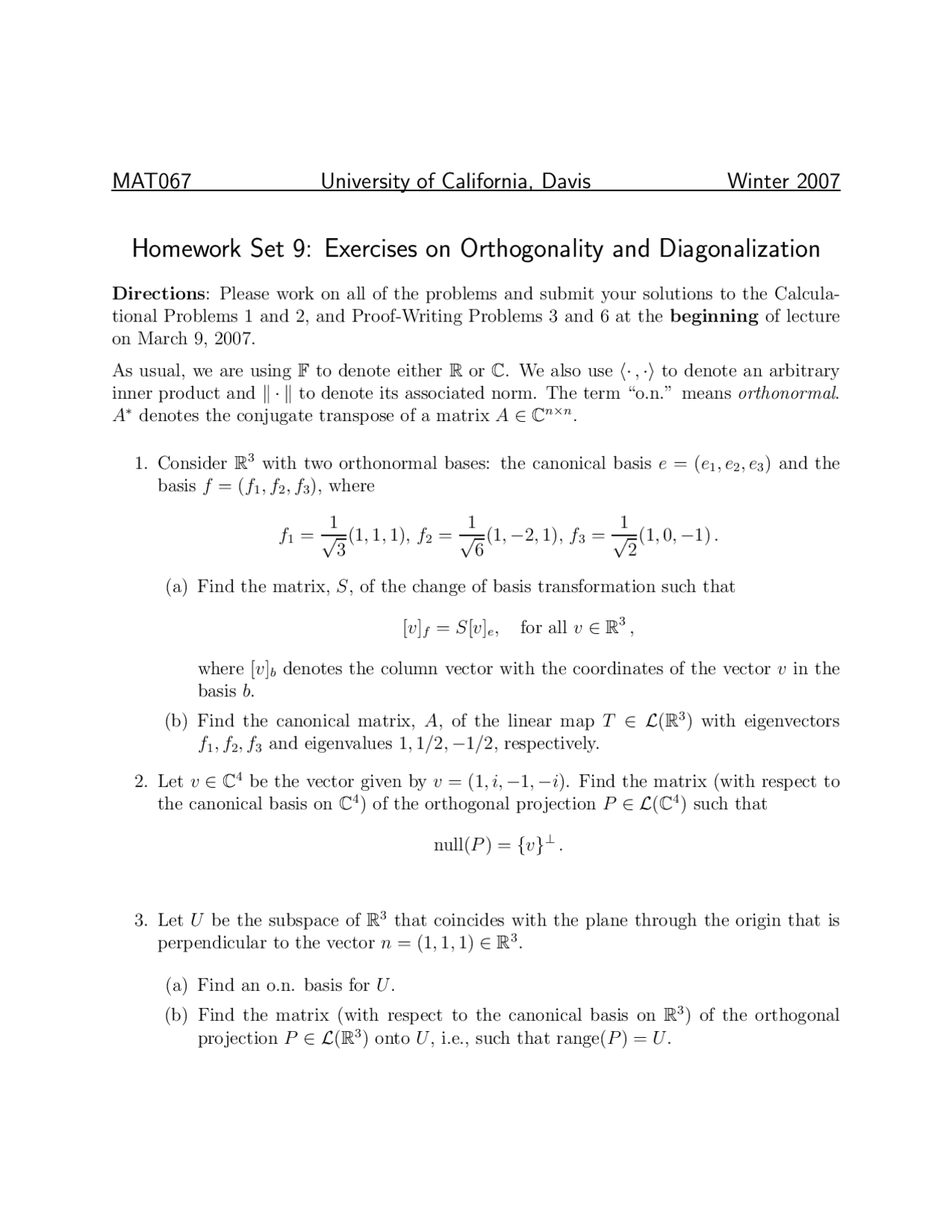 Exercises On Orthogonality And Diagonalization Homework Set 9 Mat