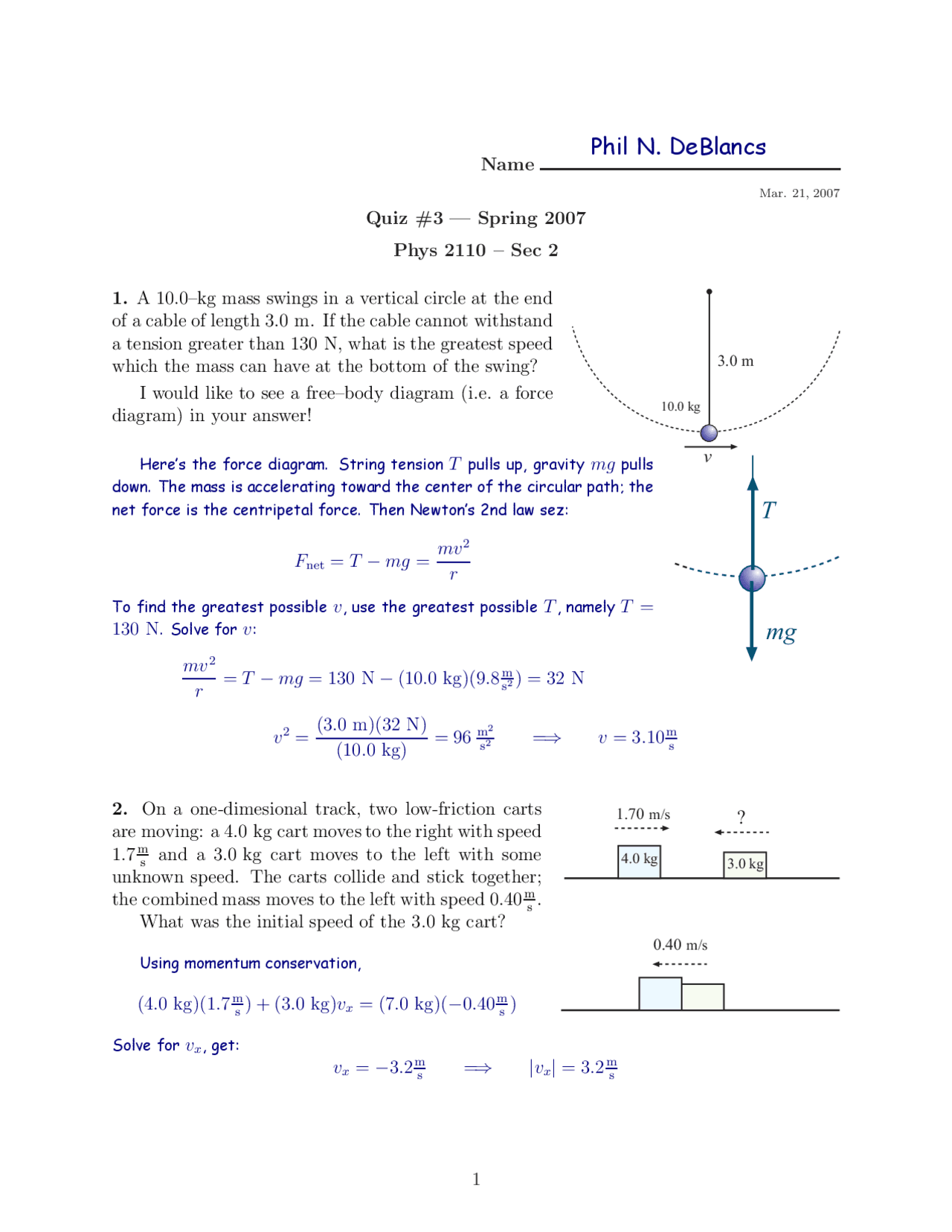 3 Questions With Answer Quiz 3 Calculus Based Physics I Phys 2110