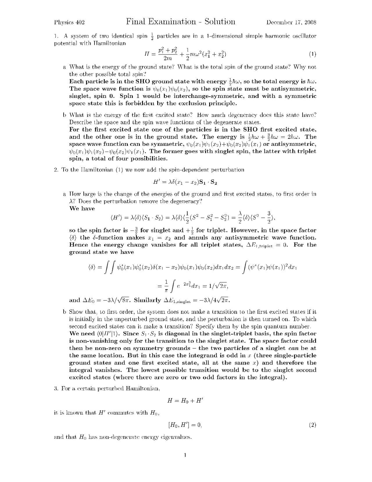 4 Problems With Solutions On Quantum Physics Ii Final Exam Phys 402