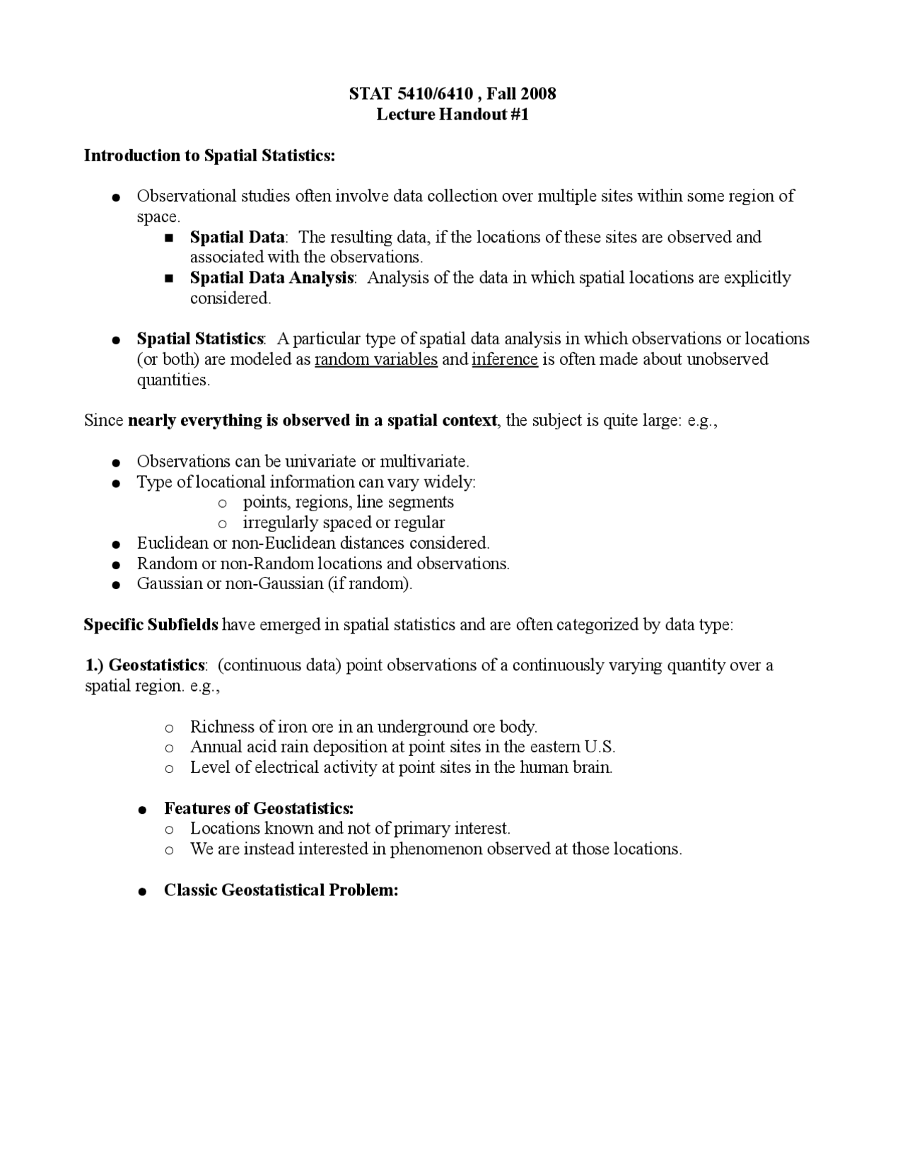Introduction to Spatial Statistics - Lecture Handout #1 | STAT 5410 - Docsity