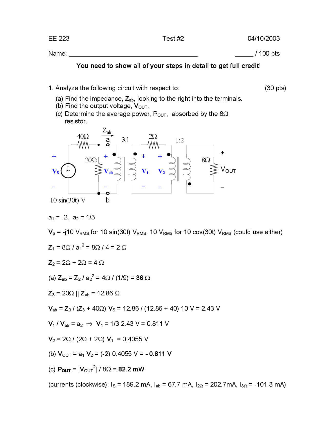 Solved Exam 2 for Electrical Circuits | EE 223 - Docsity