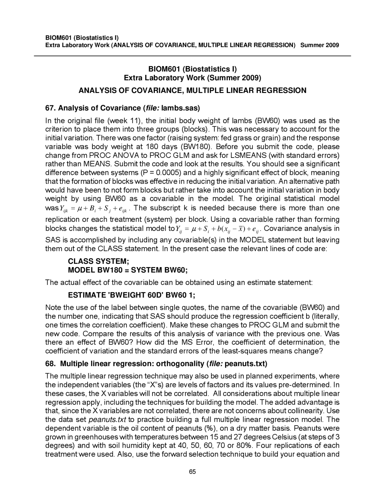 Lab : Analysis of Covariance, Multiple Linear Regression | BIOM 601 - Docsity