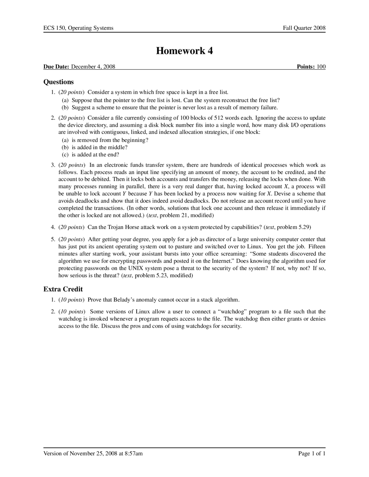 Questions On Operating Systems Assignment 4 Ecs 150 Docsity