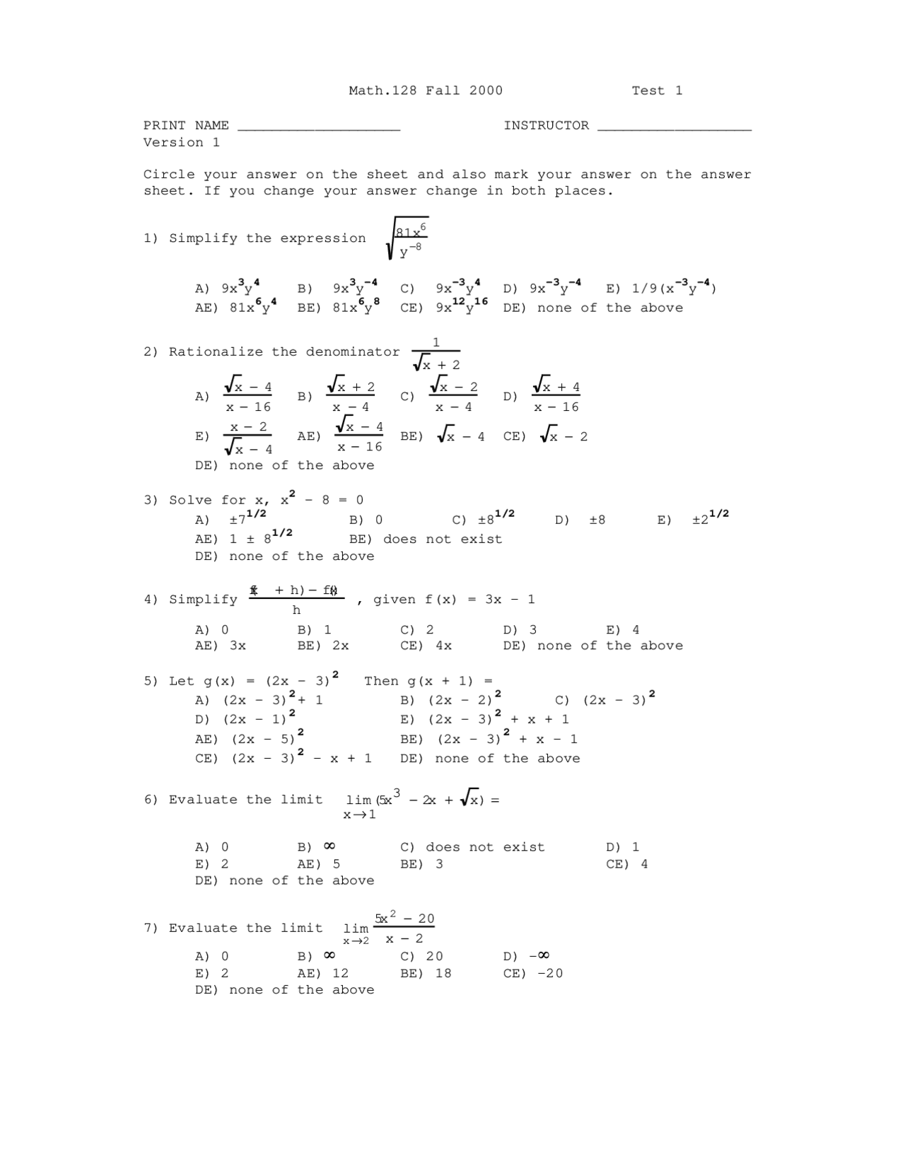 Old Exam 1 For Plane Trigonometry Fall 2000 Math 128 Docsity