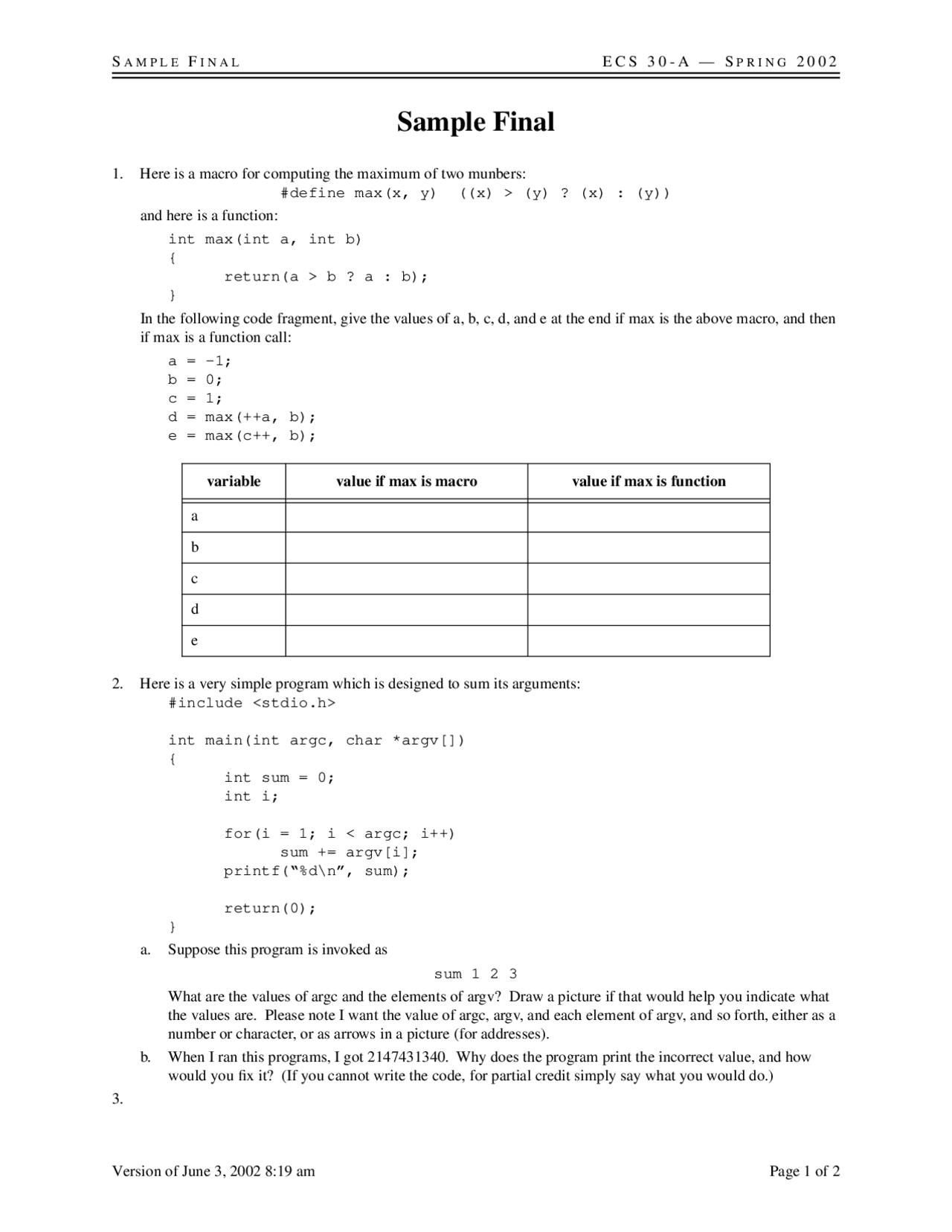 Sample Final For Introduction To Programming And Problem Solving Ecs