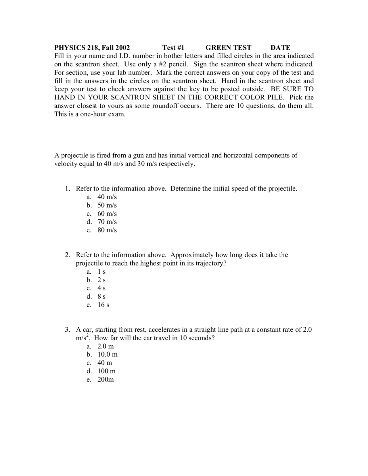 10 Questions With Answers In General Physics Exam 1 Phys 21800