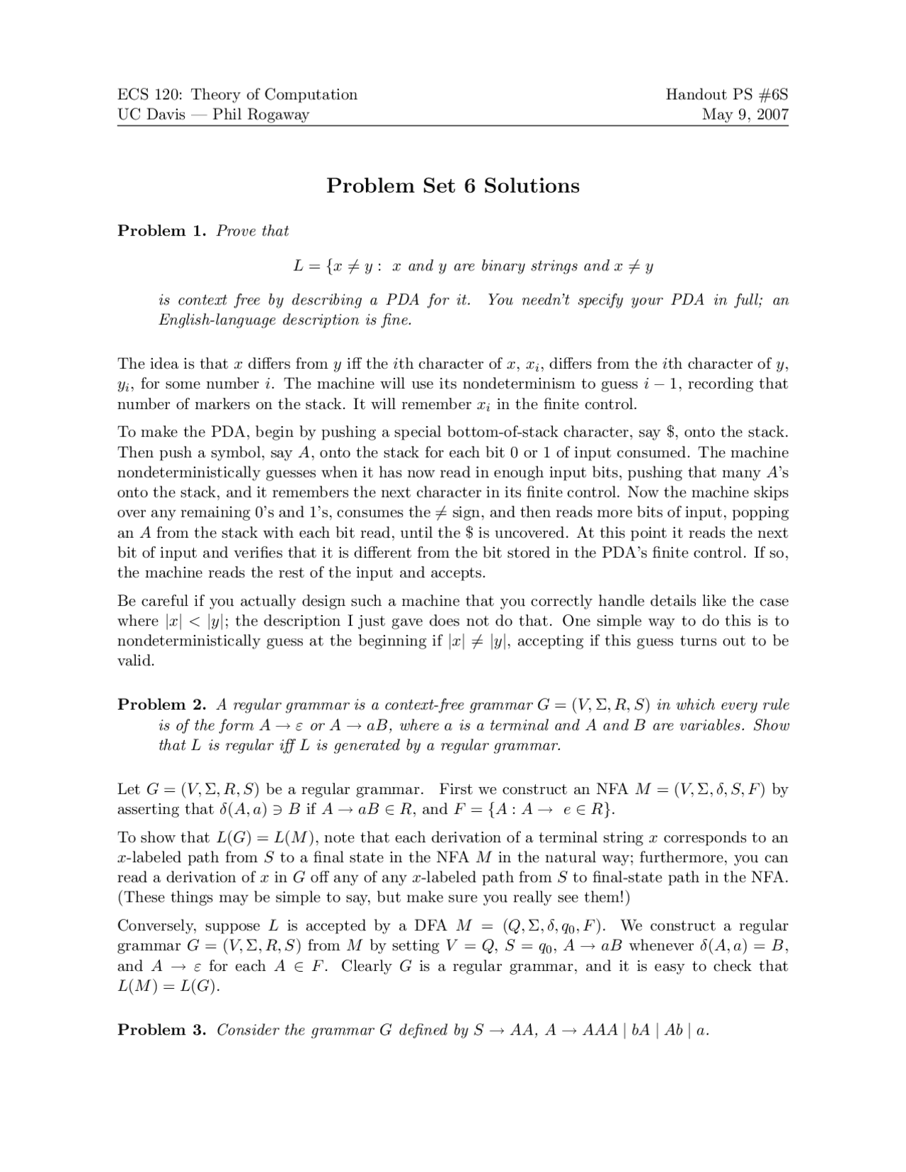 Problem Set 6 Solutions Introduction To Theory Of Computation Ecs 120 Docsity