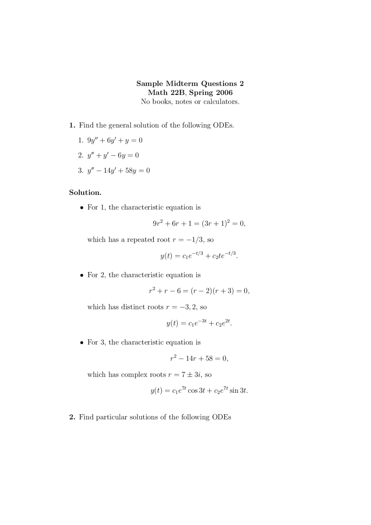 Sample Midterm 2 Questions With Solutions On Differential Equations