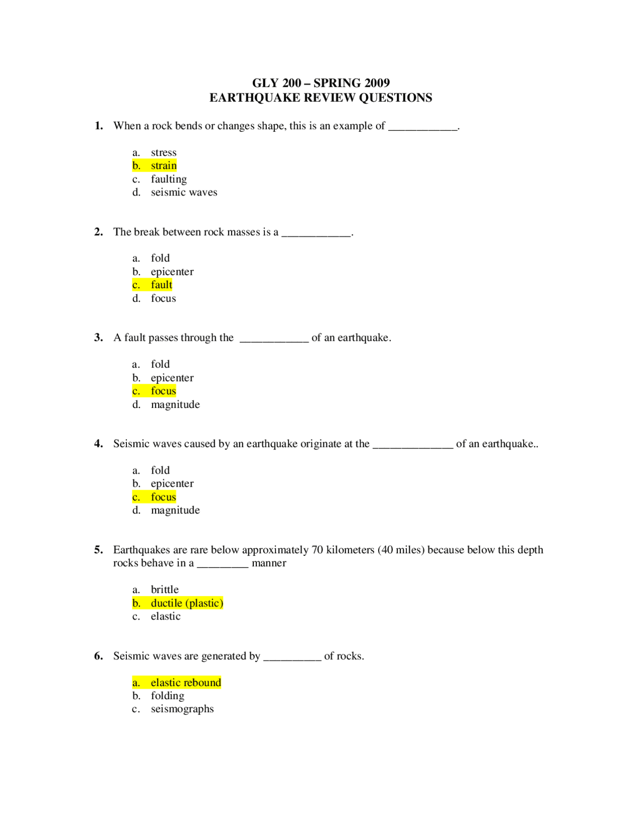9 Multiple Choice Question With Key Of Physical Geology Gly 200 Docsity
