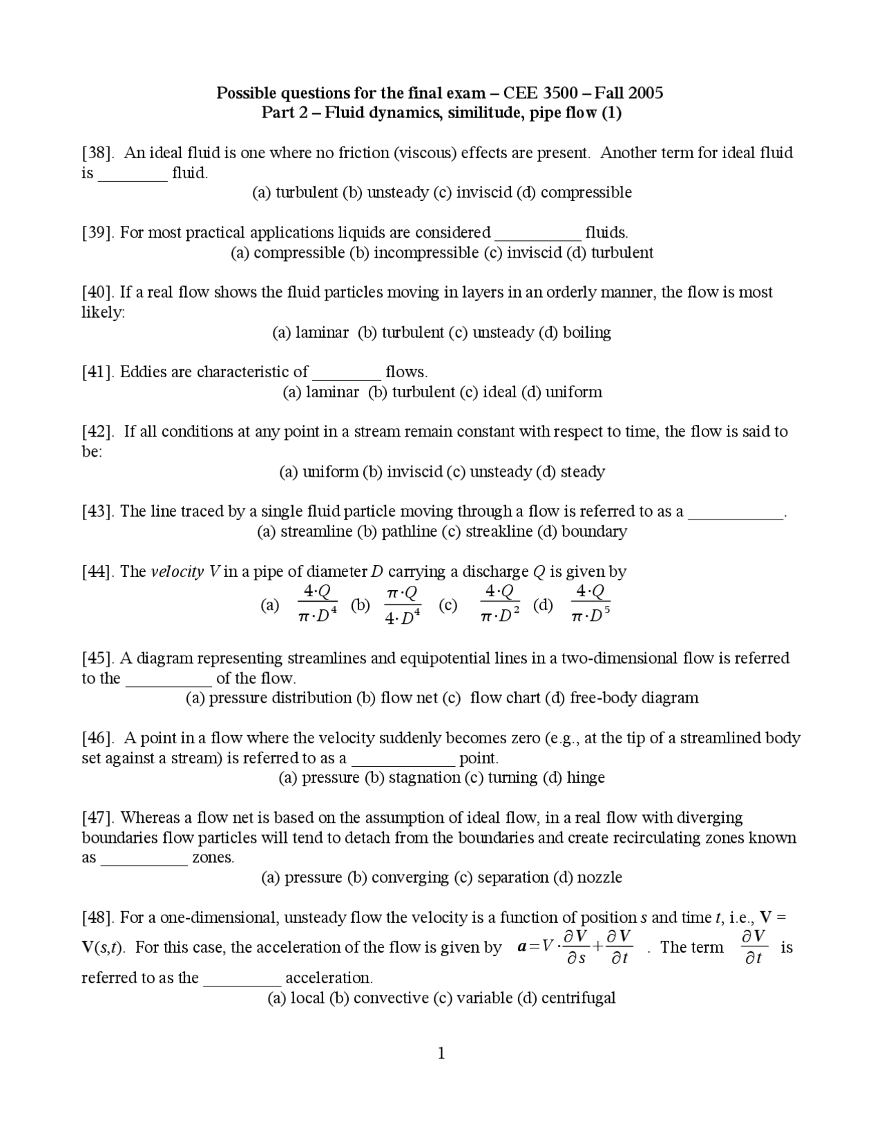 Fluid Dynamics, Similitude, Pipe Flow - Final Exam Questions | CEE 3500 ...