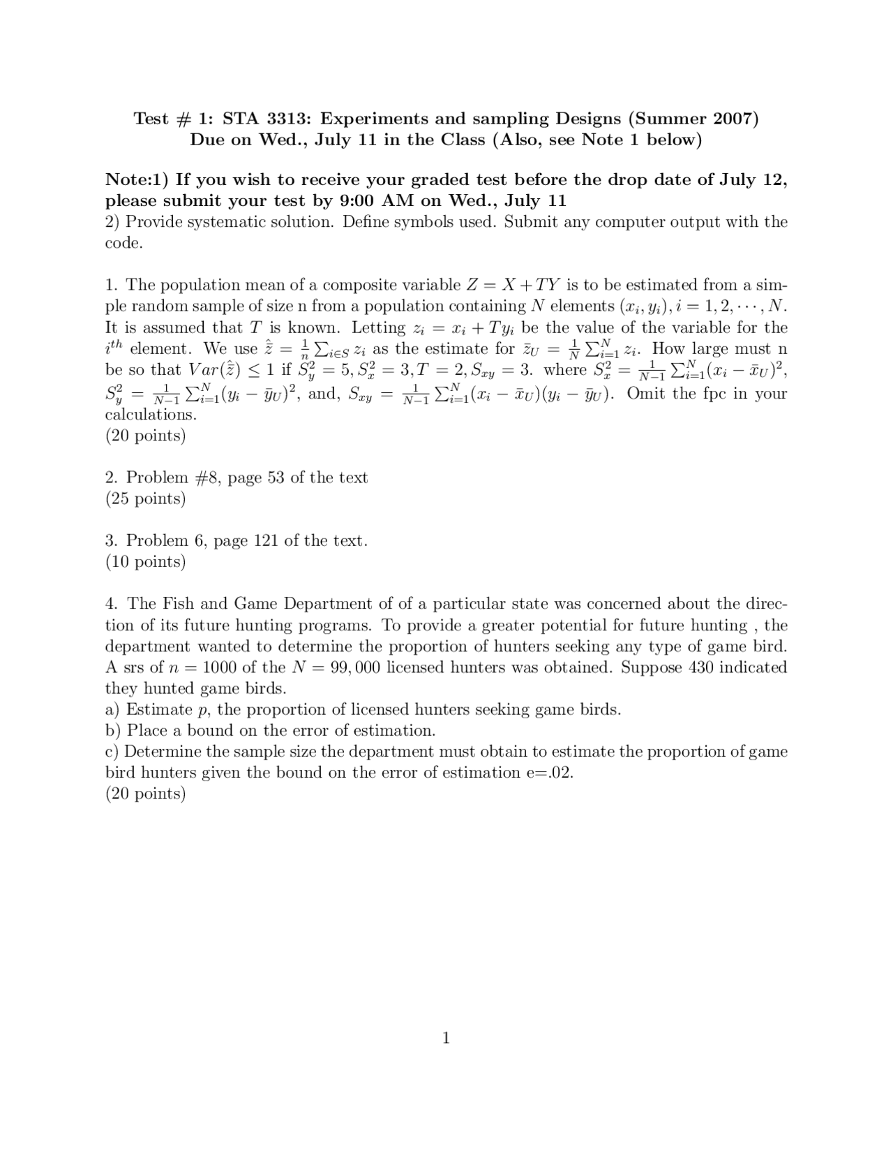 Test 1 Questions Experiments And Sampling 2007 Sta 3313 Docsity