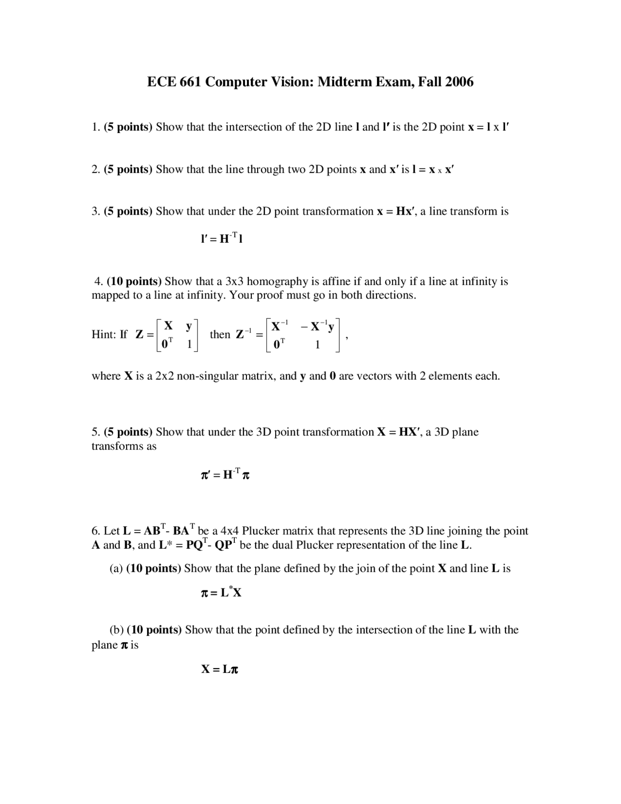 10 Questions of Computer Vision - Midterm Exam, Fall 2006 | ECE 66100 - Docsity