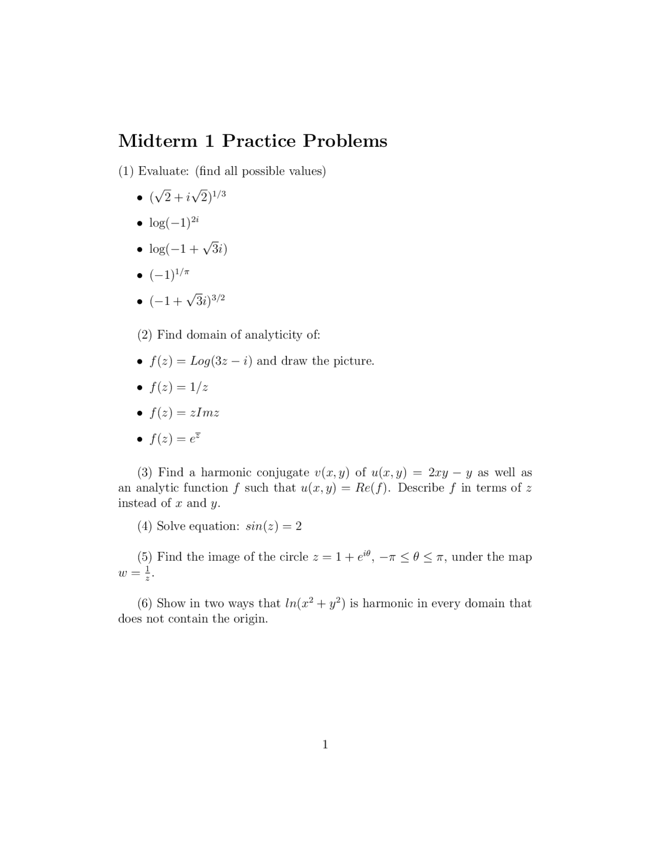 5 Practice Problems On Complex Variables For Engineering Exam 1 Math 463 Docsity