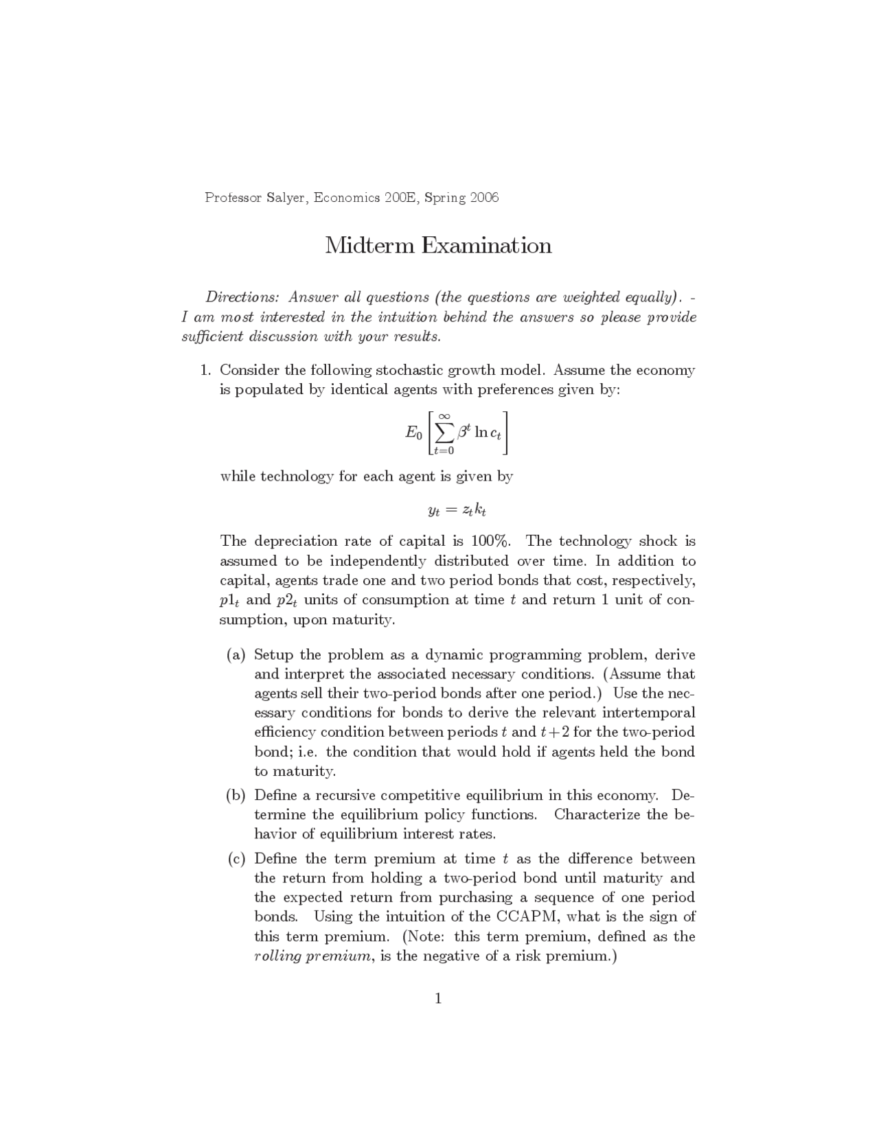 Practice Midterm Exam Macroeconomic Theory Ecn 200e Docsity