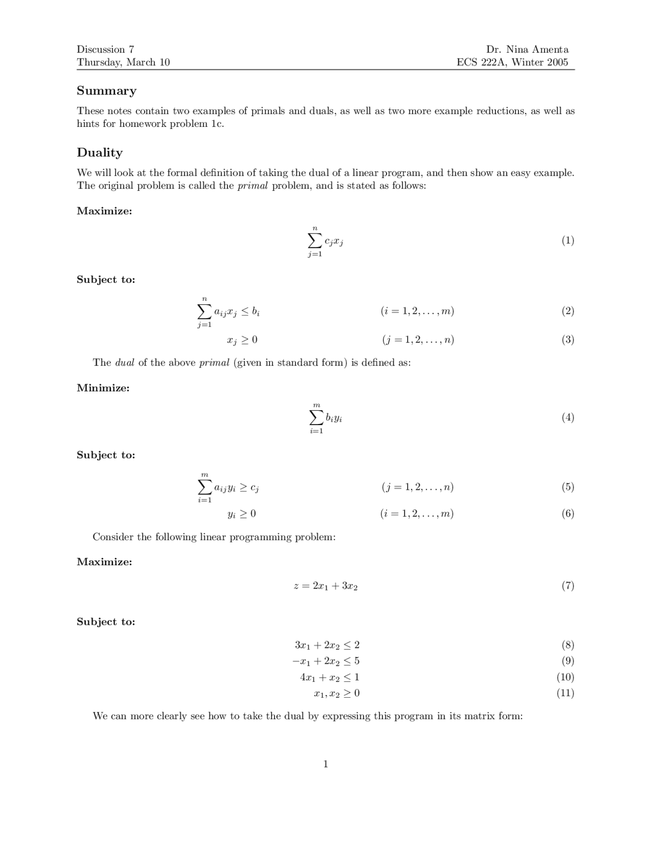 Primals And Duals Practice Examples Analysis Of Algorithms Ecs 222a Docsity