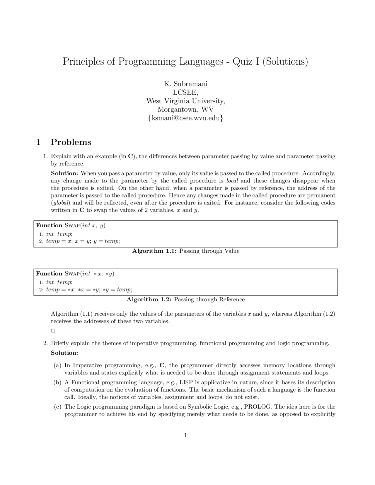 Quiz 1 With Solution Principle Programming Language Cs 310 Docsity