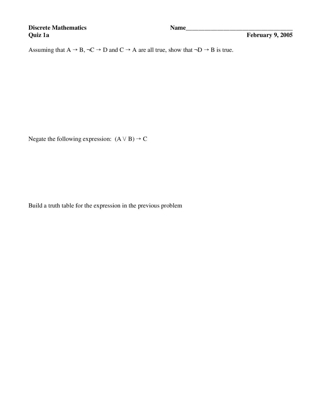 Quiz 1a Problems Discrete Mathematical Structures Csci 2427 Docsity