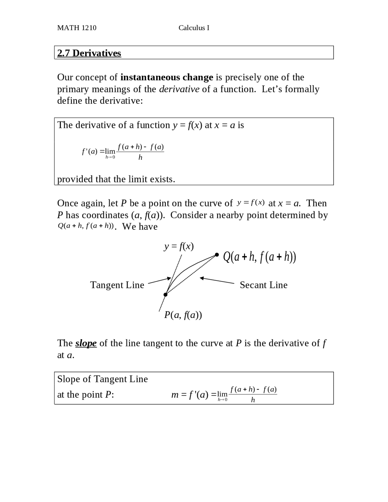 Calculus I: Derivatives and Tangent Lines | Study notes Calculus | Docsity