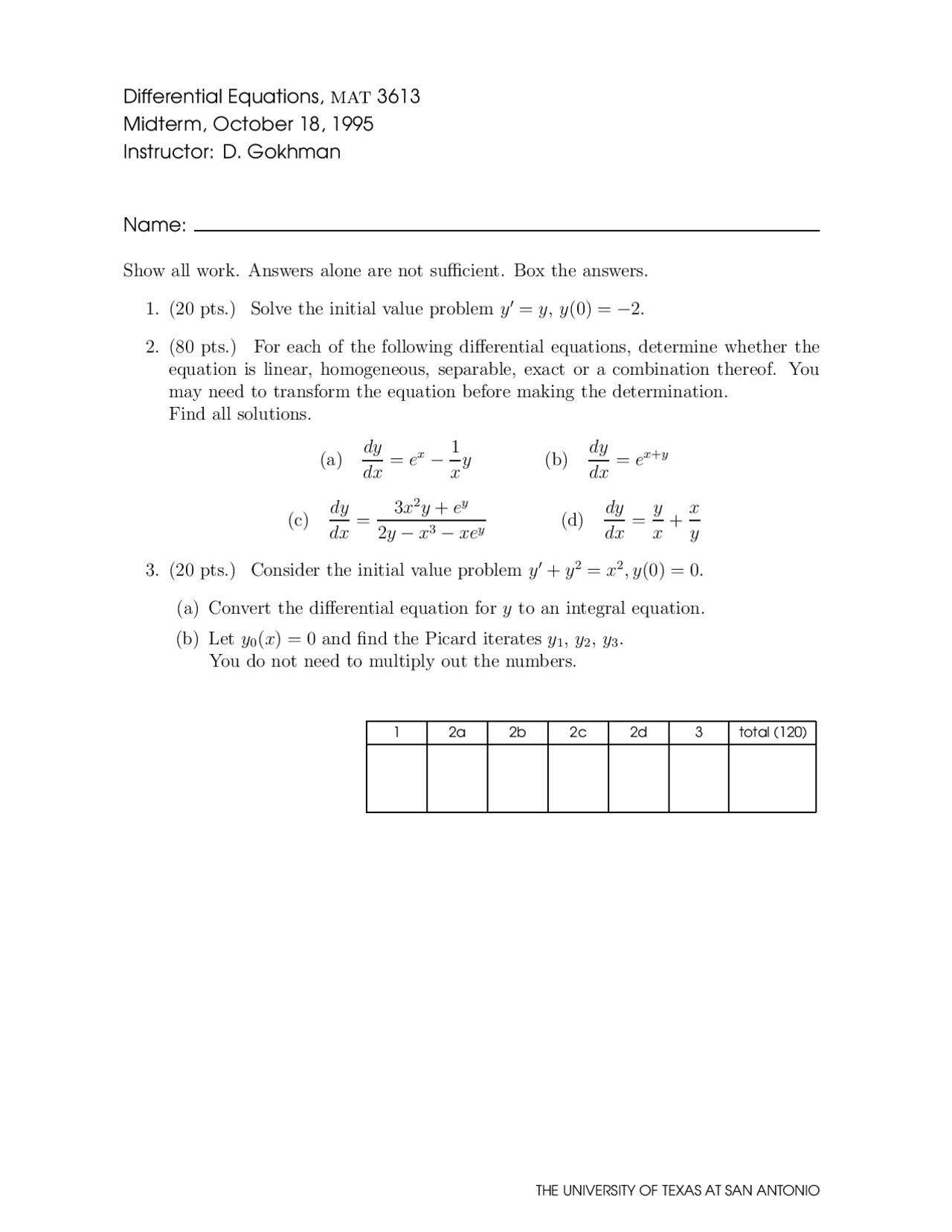 3 Questions On Differential Equations I Exam Mat 3613 Docsity