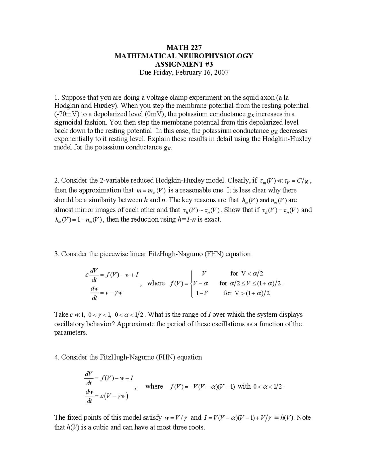 Assignment 3 Mathematical Biology 2007 Mat 227 Docsity
