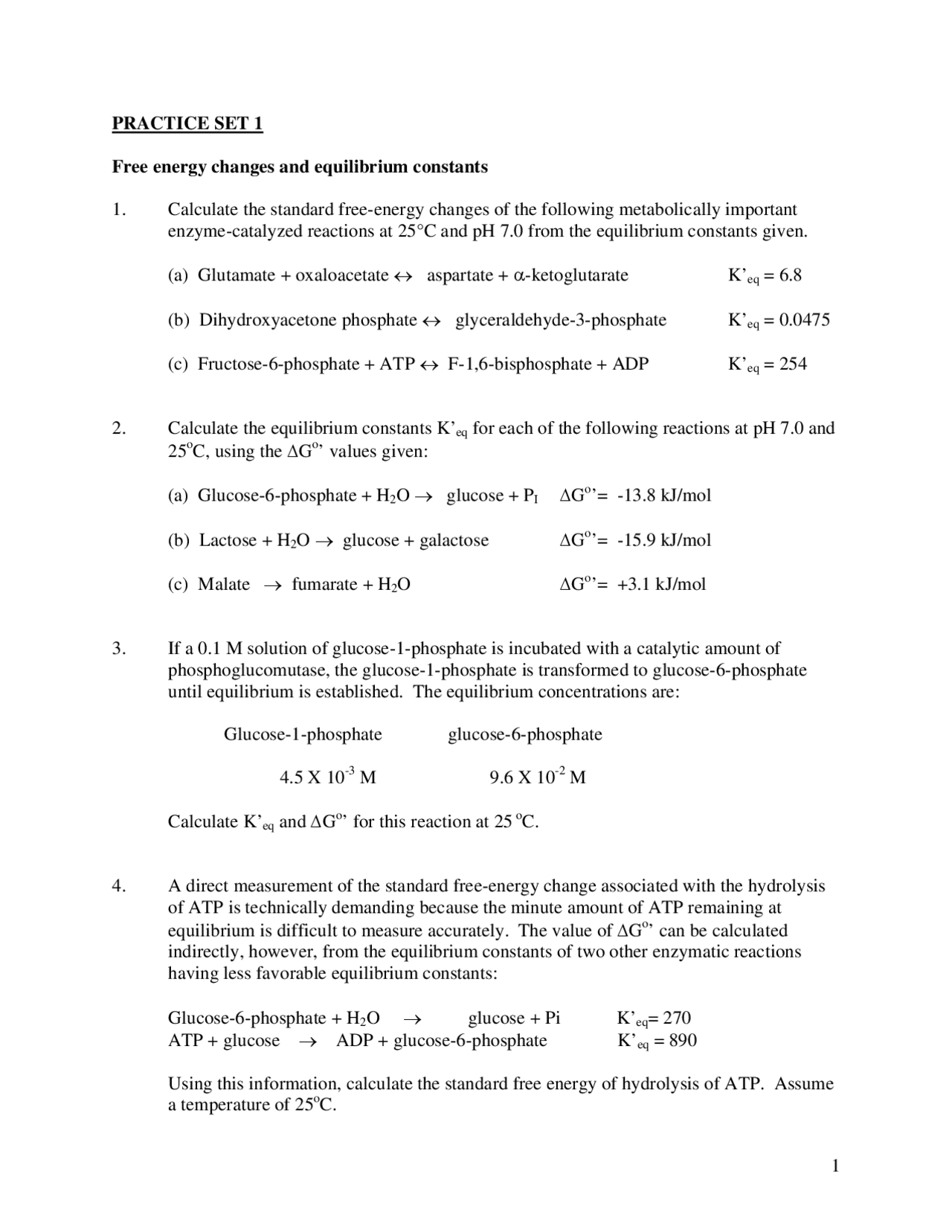 Practice Set 1 For Bioenergetics And Metabolism Bis 103 Docsity