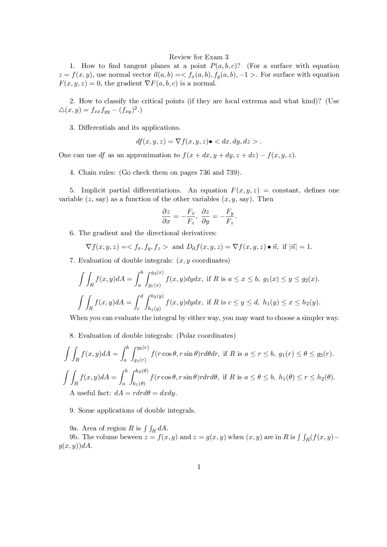 Review For Exam Iii Multivariable Calculus Math 251 Docsity