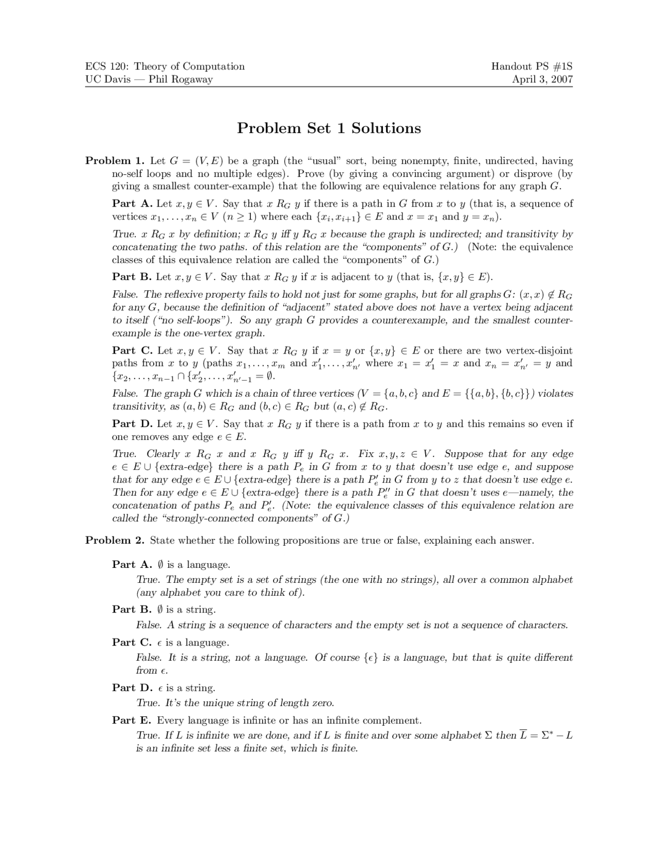 Solutions For Problem Set I Introduction Theory Computation Ecs 120 6982