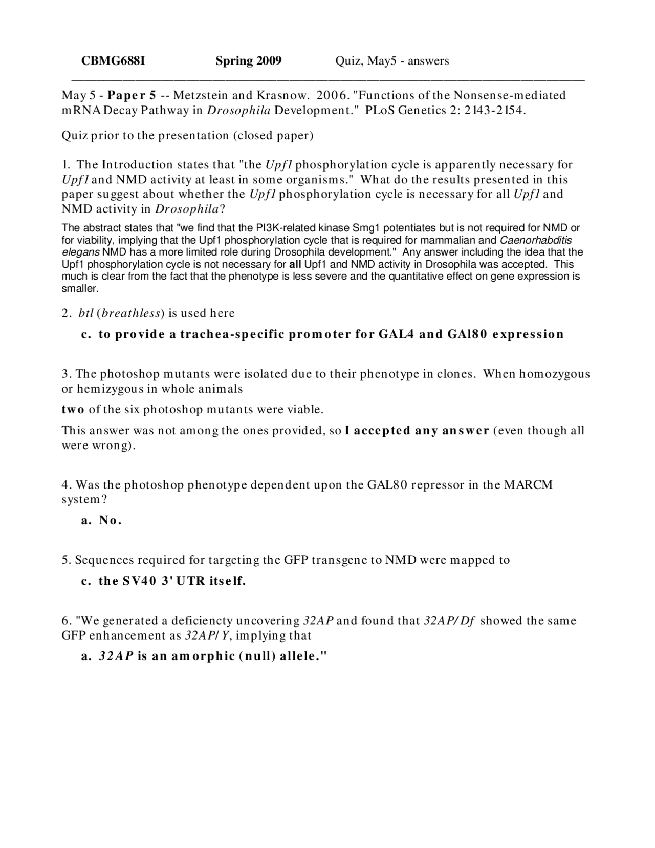 Quiz With Answer Genetics Ii Spring 2009 Cbmg 688i Docsity