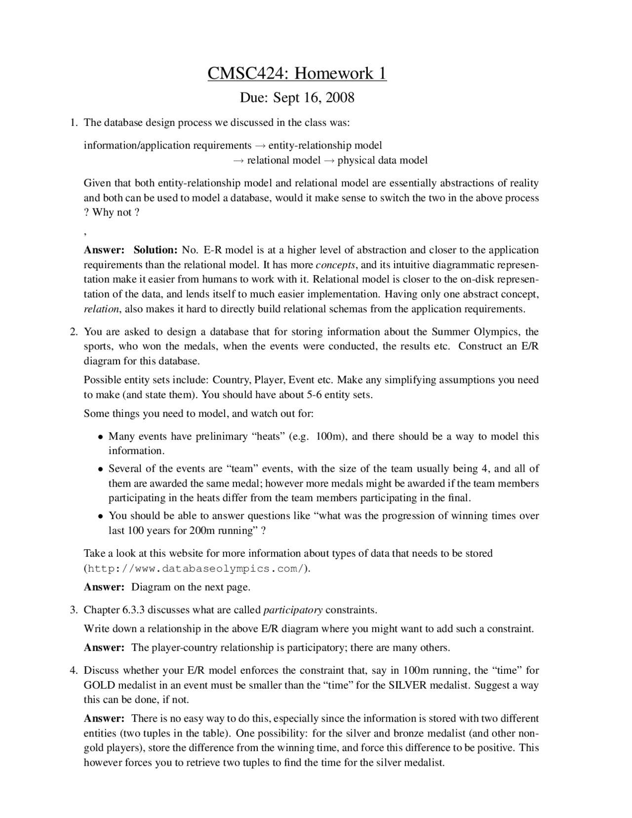 Homework 1 Solutions Database Design Cmsc 424 Docsity