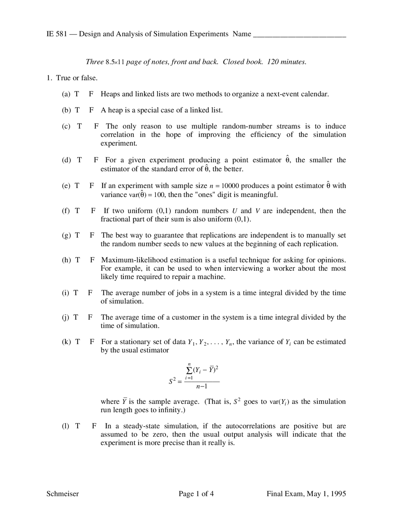 Final Exam For Simulation Design And Analysis Ie 58100 Docsity