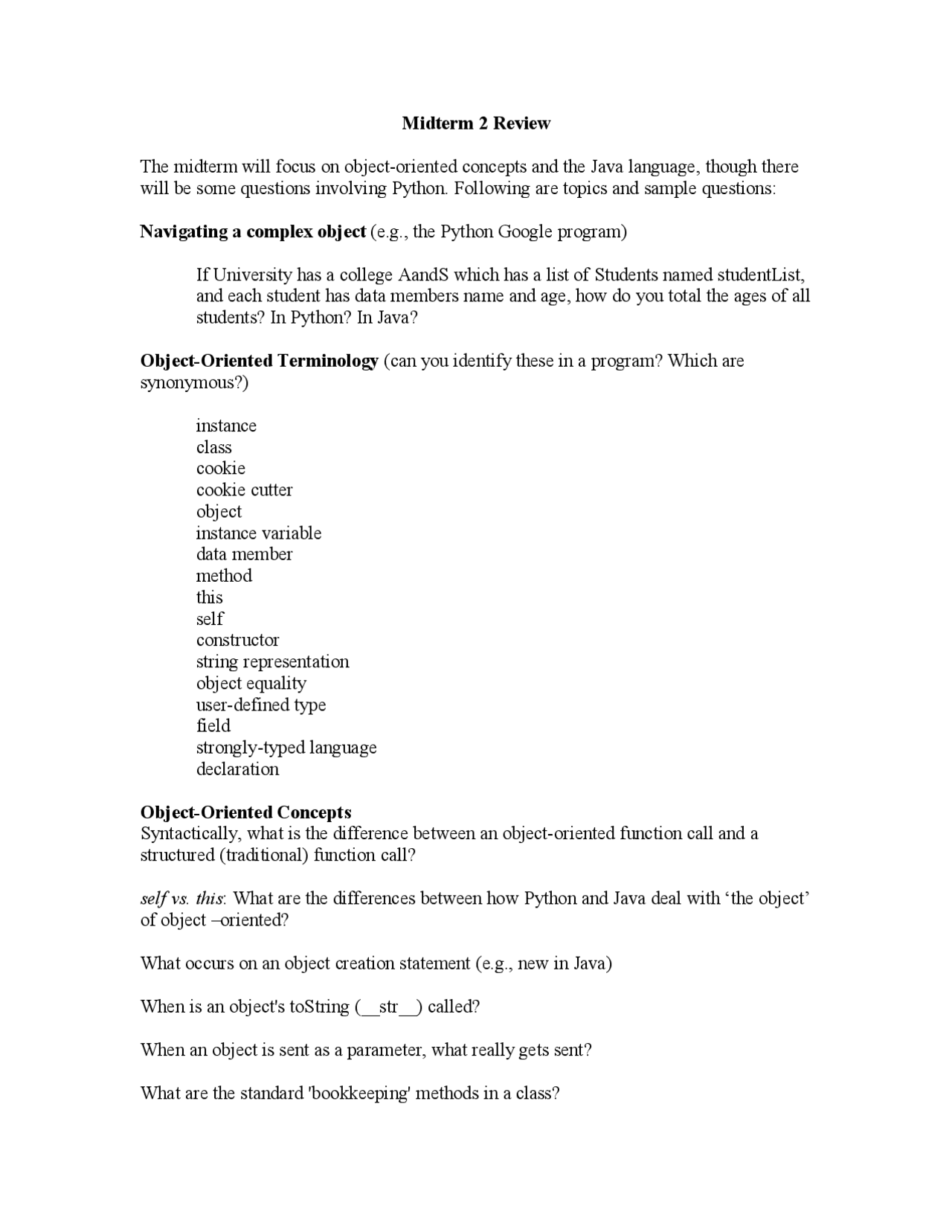 Midterm Exam 2 Review Sheet Introduction To Computer Science I Cs