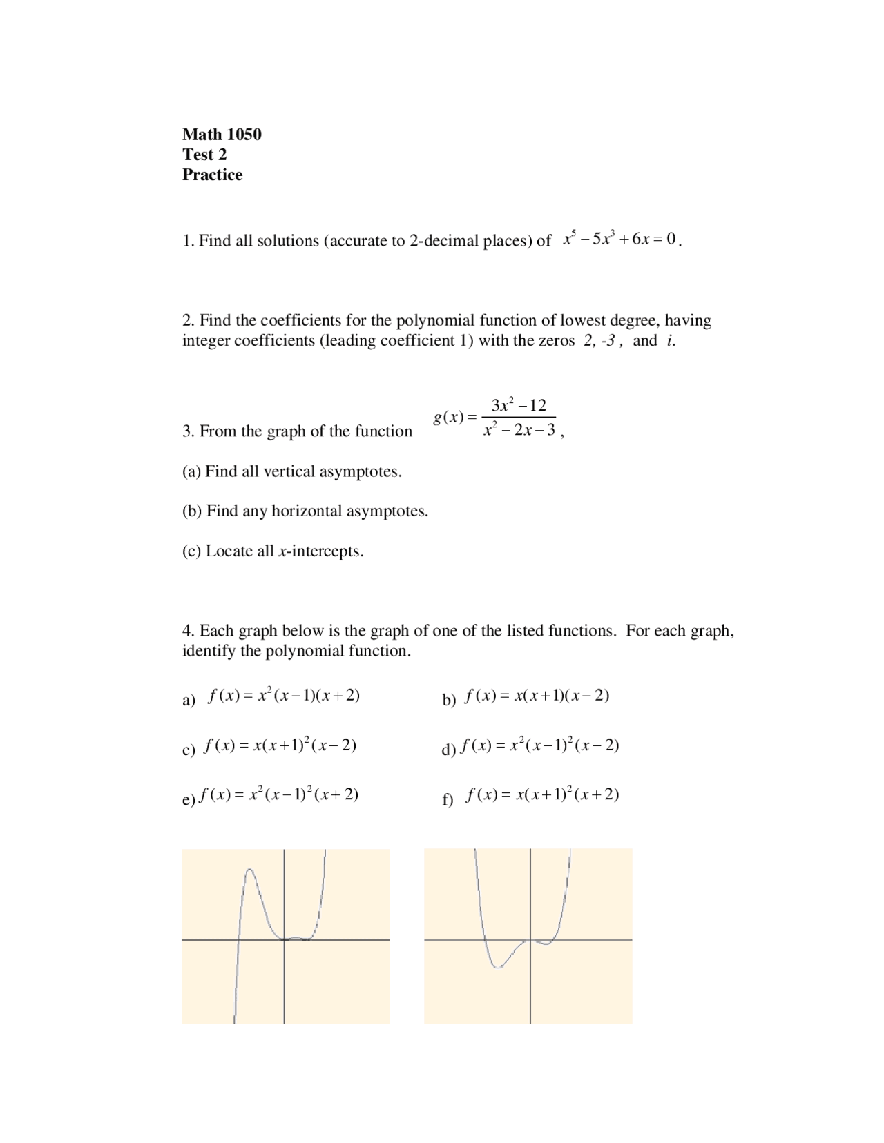 Practice Test 2 Problems - College Algebra | MATH 1050 - Docsity