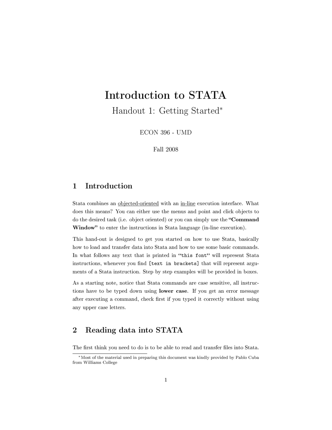 Getting Started* - Handout 1 - Introduction to STATA | ECON 396 - Docsity