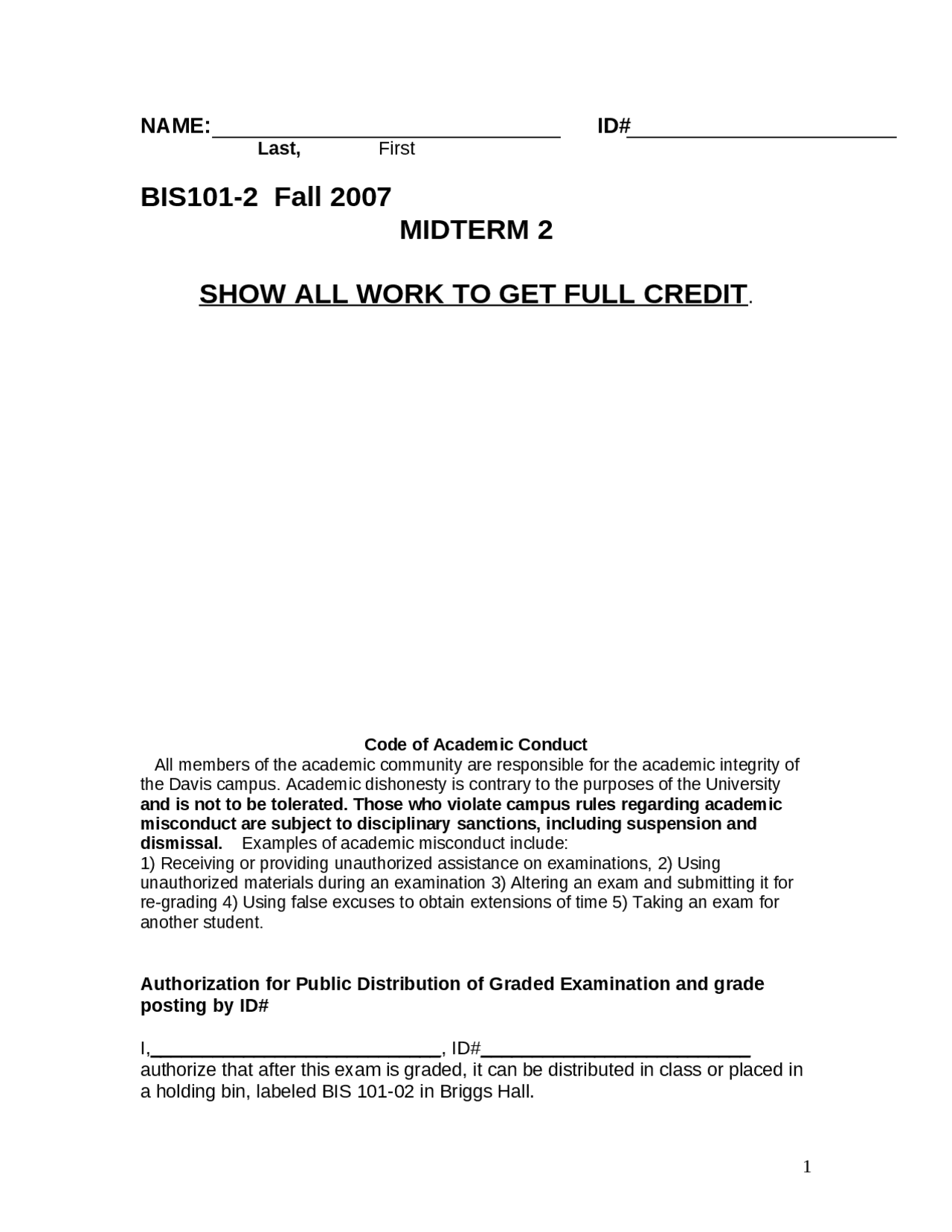 Midterm Exam 2 Gene And Gene Expression Fall 2007 Bis 101 Docsity