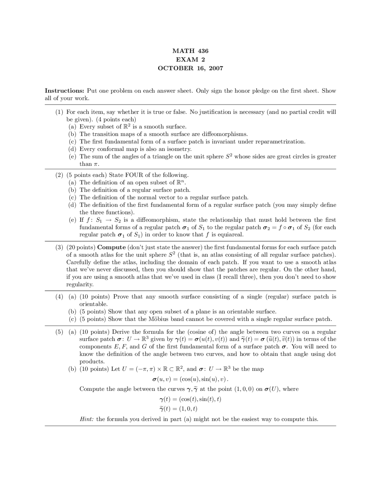 Exam 2 Practice Questions Differential Geometry I Math 436 Docsity