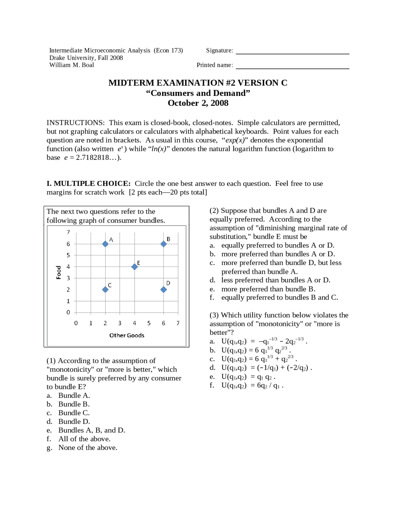 Midterm Exam 2C for Intermediate Microeconomics Analysis | ECON 173 | Exams Microeconomics | Docsity