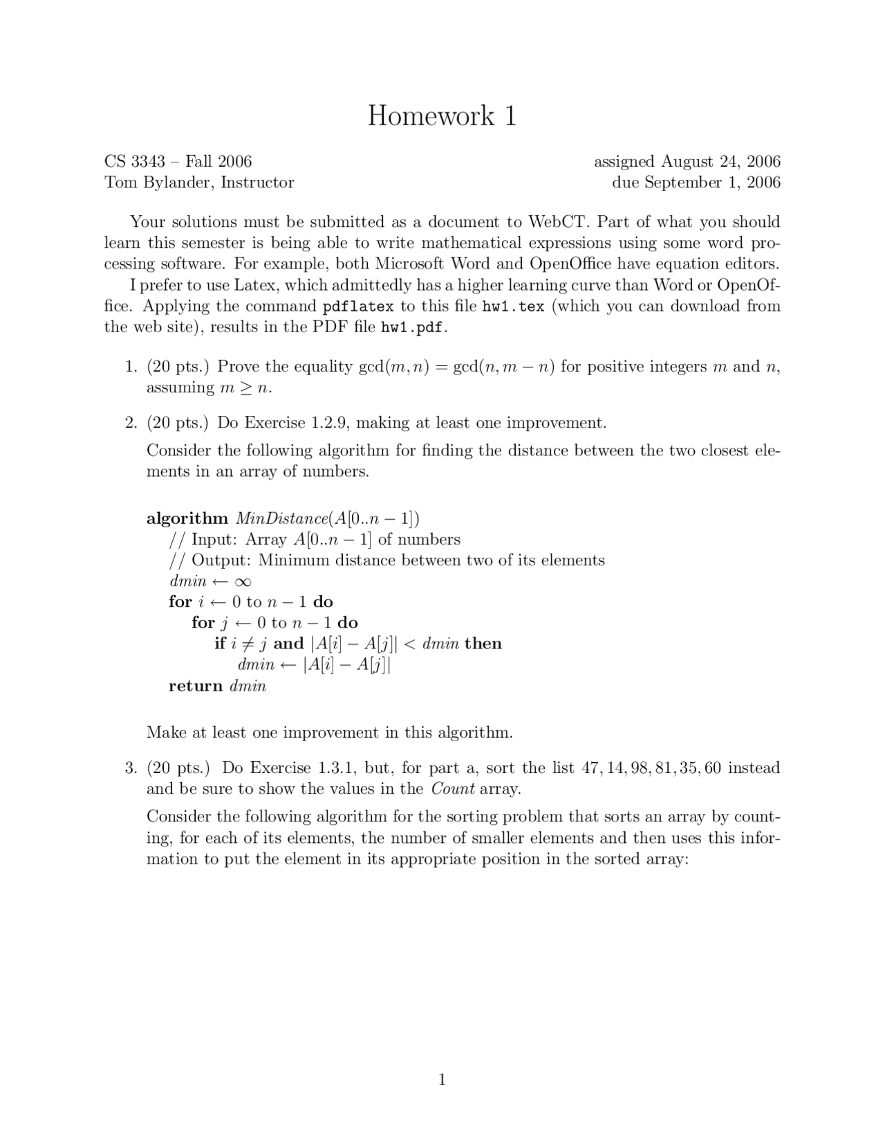 Analysis Of Algorithms Homework Questions Fall 2006 Cs 3343 Docsity