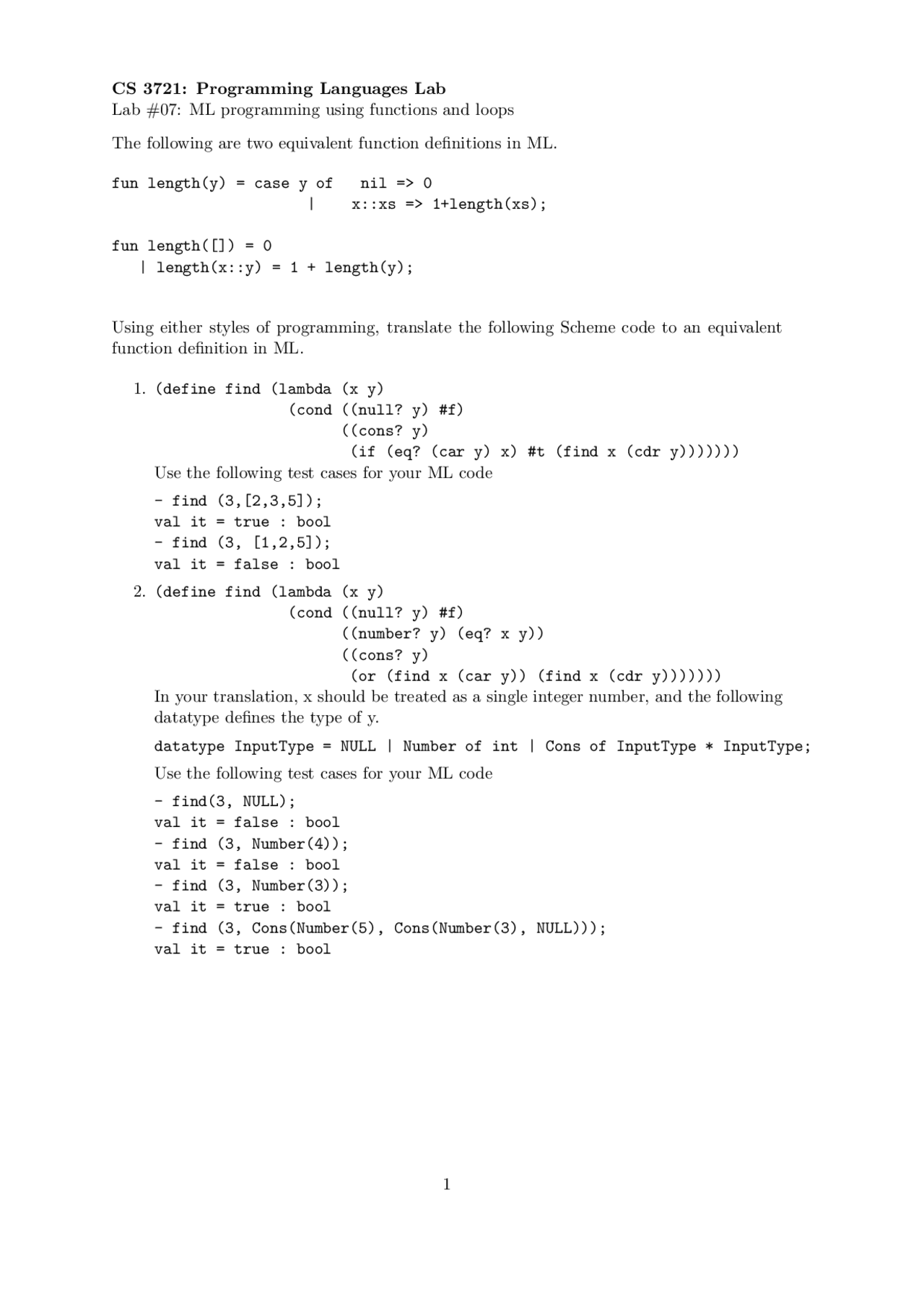 Ml Programming Using Functions And Loops Lab 7 Cs 3721 Docsity